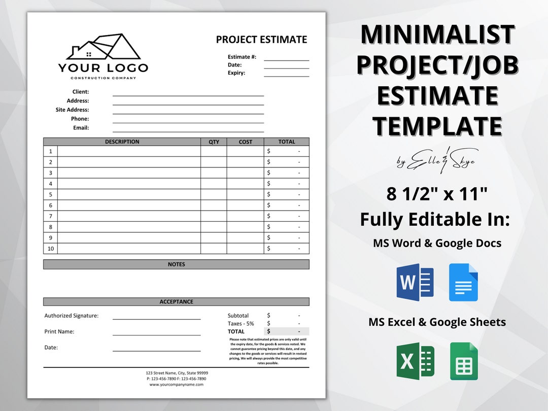 Project Estimate Template Printable Job Estimate Editable - Etsy
