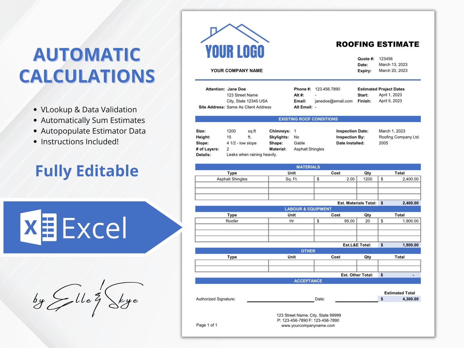 Excel Roofing Estimate Template | Roofer Quote Template | Simple ...