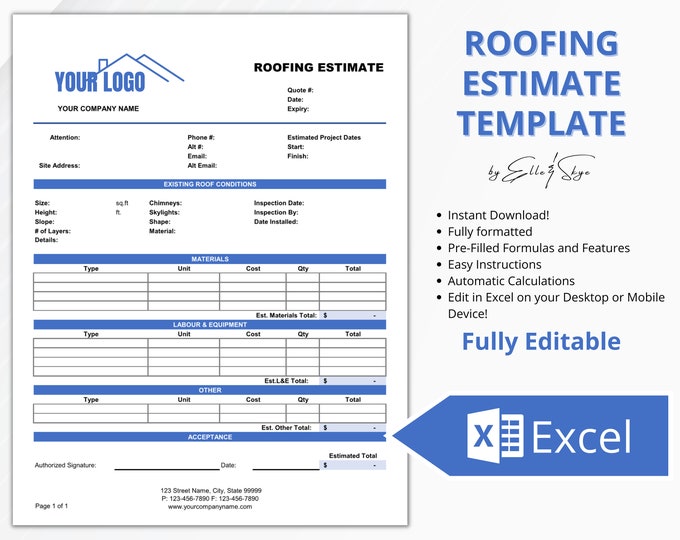 Excel Roofing Estimate Template | Roofer Quote Template | Simple ...