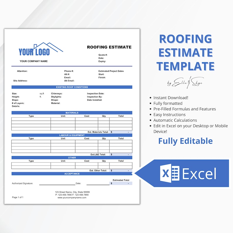Excel Roofing Estimate Template | Roofer Quote Template | Simple ...