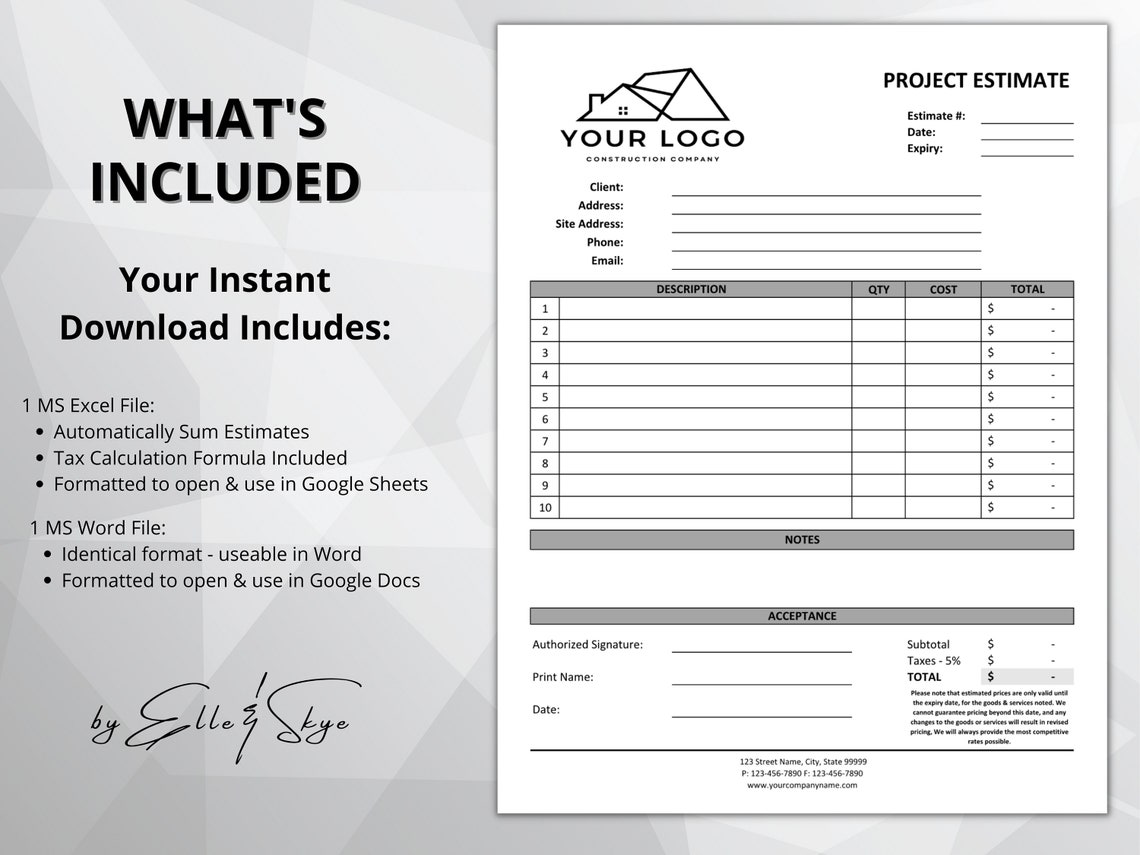 Project Estimate Template | Printable Job Estimate | Editable Word and ...