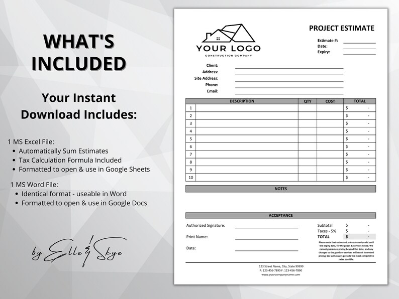 Project Estimate Template | Printable Job Estimate | Editable Word and Excel Construction Bid ...