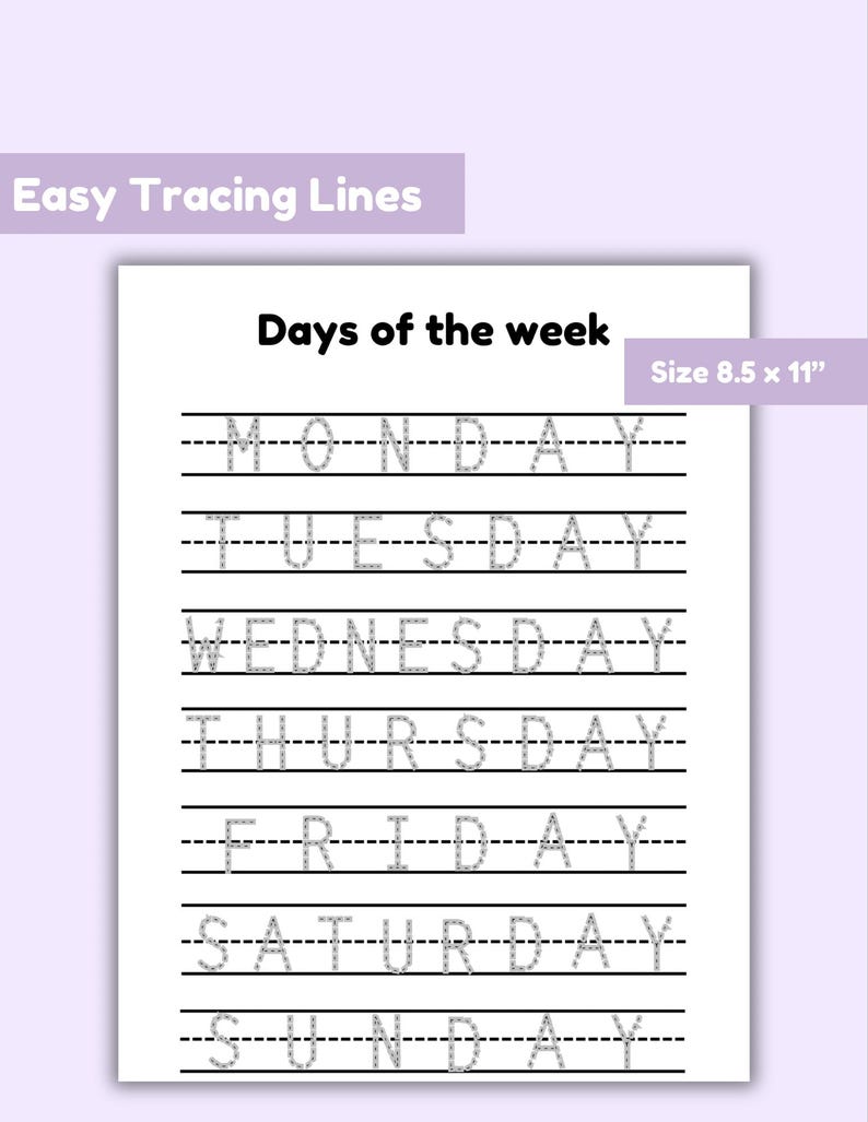 Days of the Week Tracing Worksheets Printable Tracing Printable ...