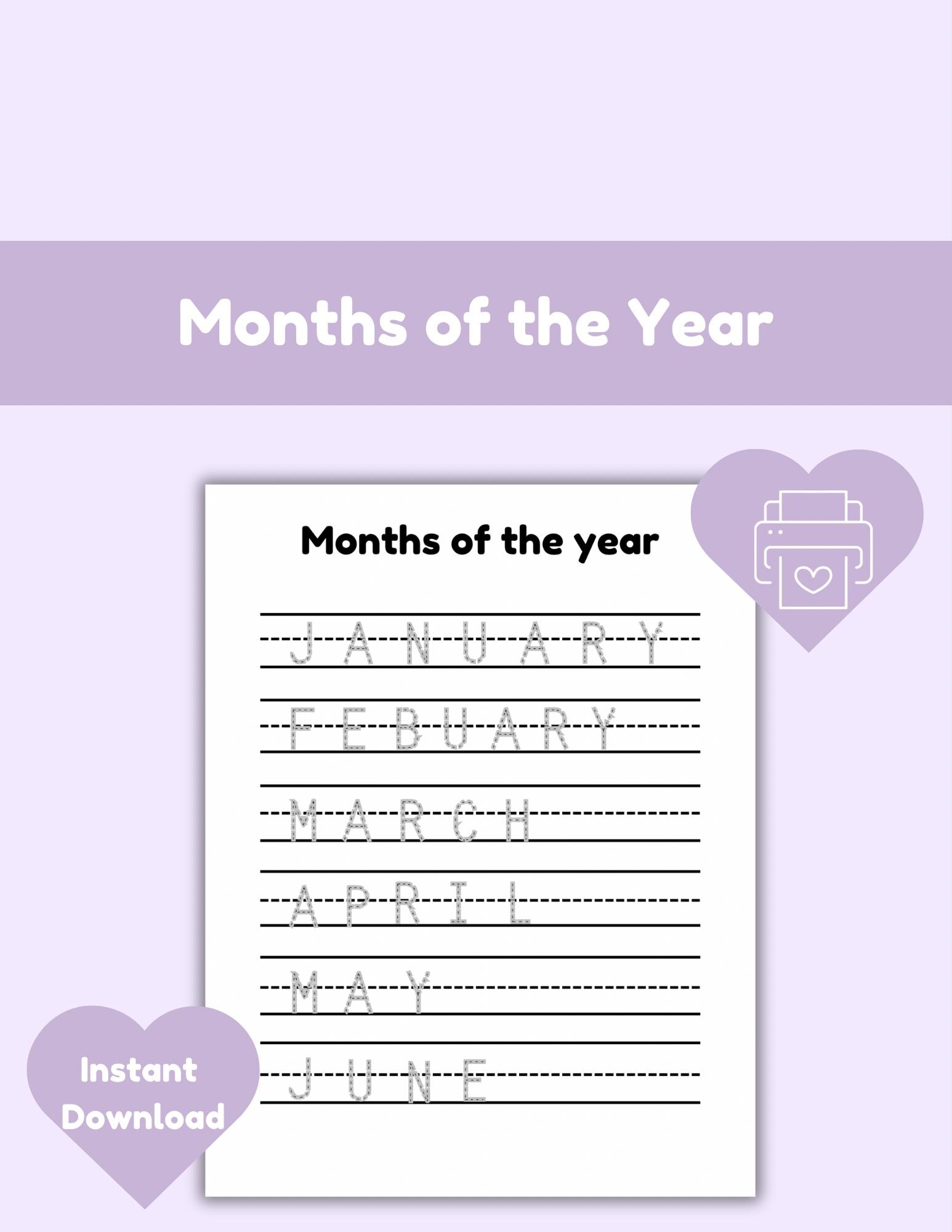 Months of the Year Tracing Worksheet Printable Handwriting Practice ...