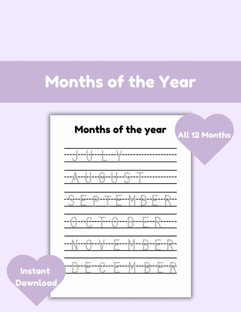 Months of the Year Tracing Worksheet Printable Handwriting Practice ...