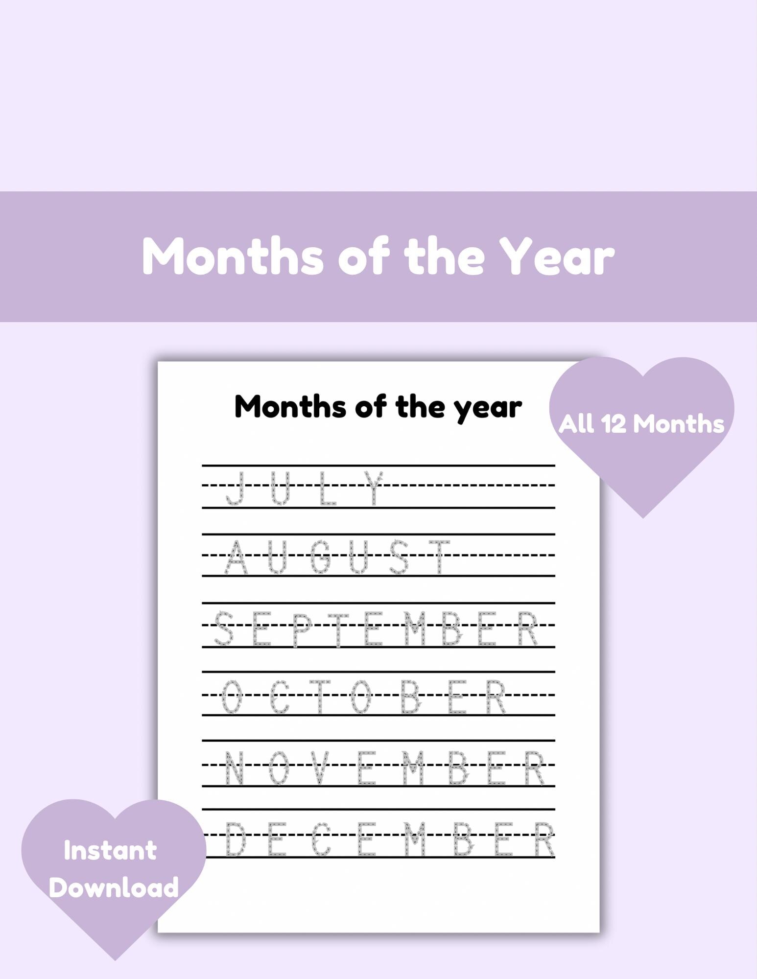 Months of the Year Tracing Worksheet Printable Handwriting Practice ...