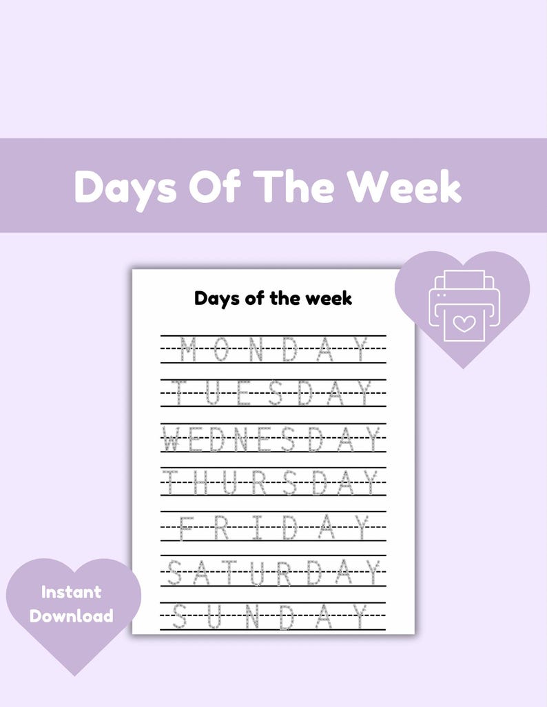 Days of the Week Tracing Worksheets Printable Tracing Printable ...