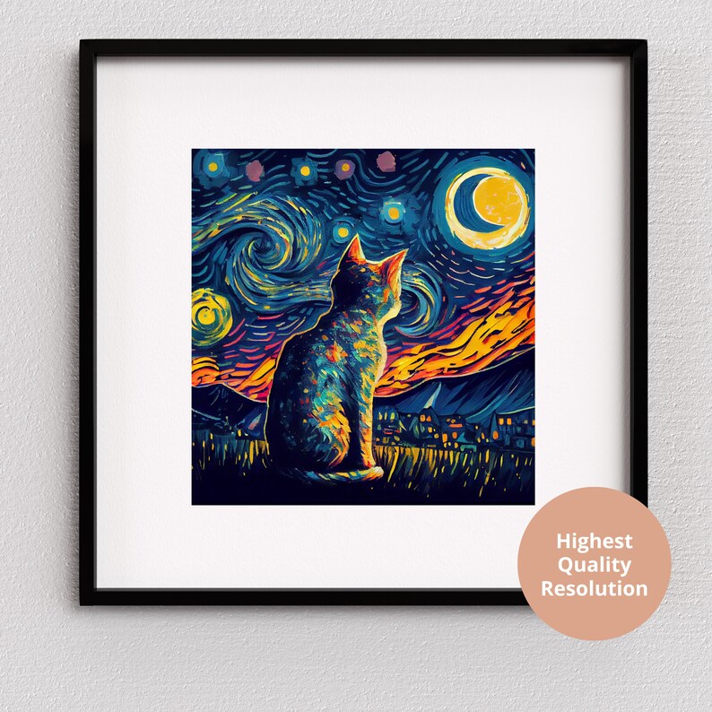 Van Gogh Style Cat Print | Tabby Cat Poster | Celestial Cat Print | Van ...
