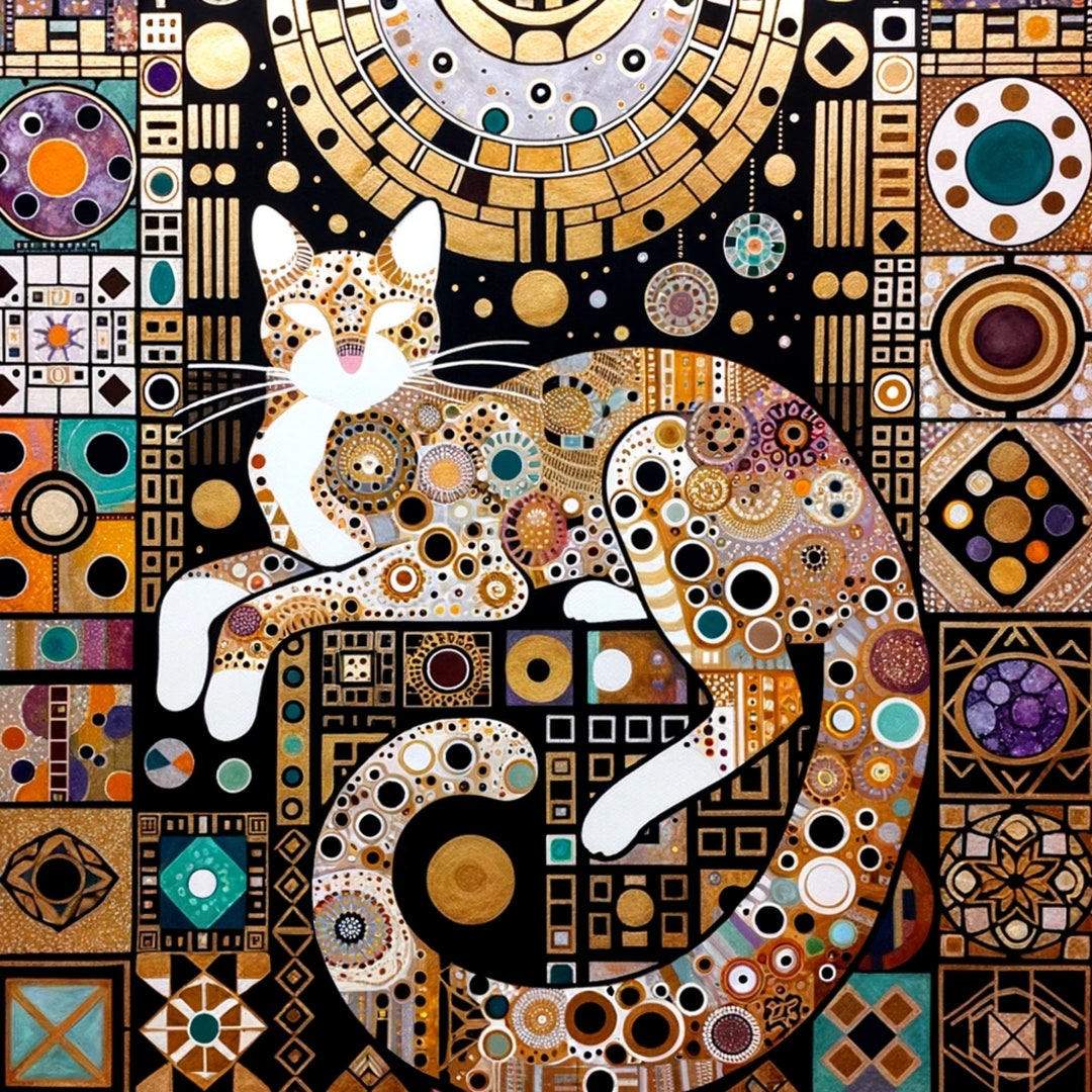 Gustav Klimt Inspired Golden Geometric Cat Art - Klimt Cat - Office ...