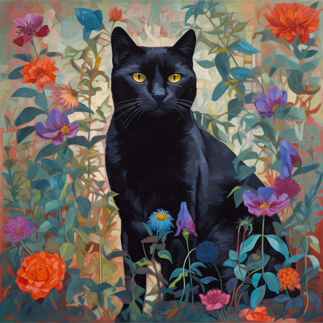 Gustav Klimt Garden Style Cat Print - Klimt Flowers Cat Poster - Funny Black Cat Art - Floral ...