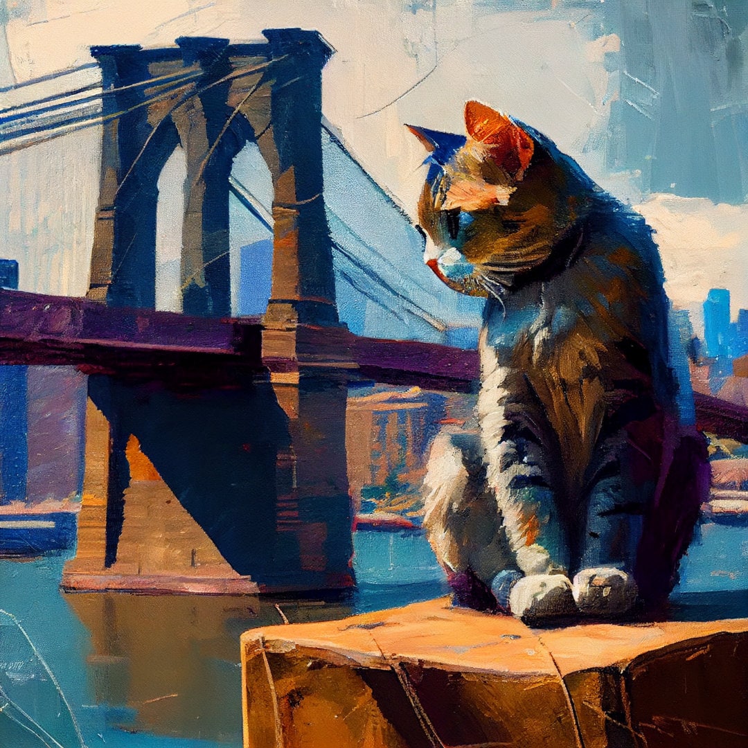 Brooklyn Bridge Cat Print Art, Impressionist Urban Feline, New York ...