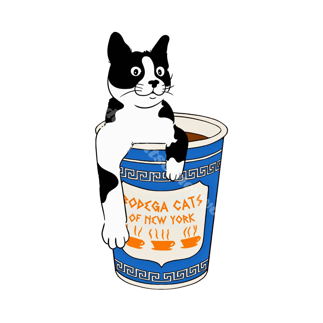 Bodega Cat Art Print, Tuxedo Cat Art, Greek Coffee Cup Art, NYC Cat ...