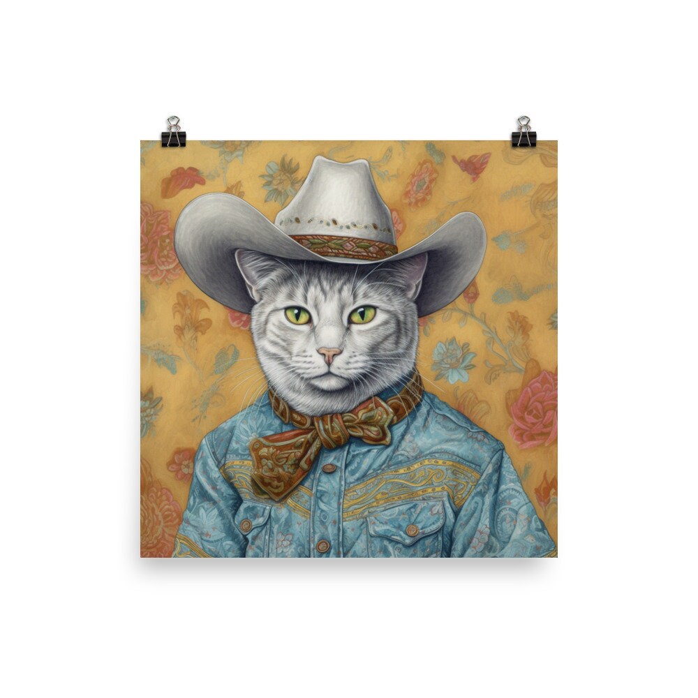 Funny Cowboy Cat Drawing Cute Western Cat Art Print Funny - Etsy