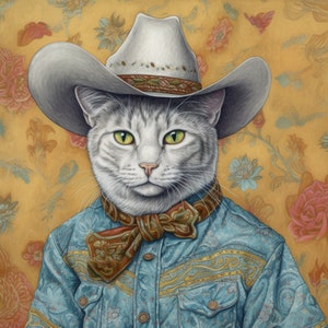 Funny Cowboy Cat Drawing Cute Western Cat Art Print Funny Cat Art Cat ...