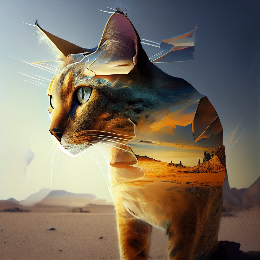 Surreal Double Exposure Cat Wall Art: Salvador Dali Art Print, Animal ...