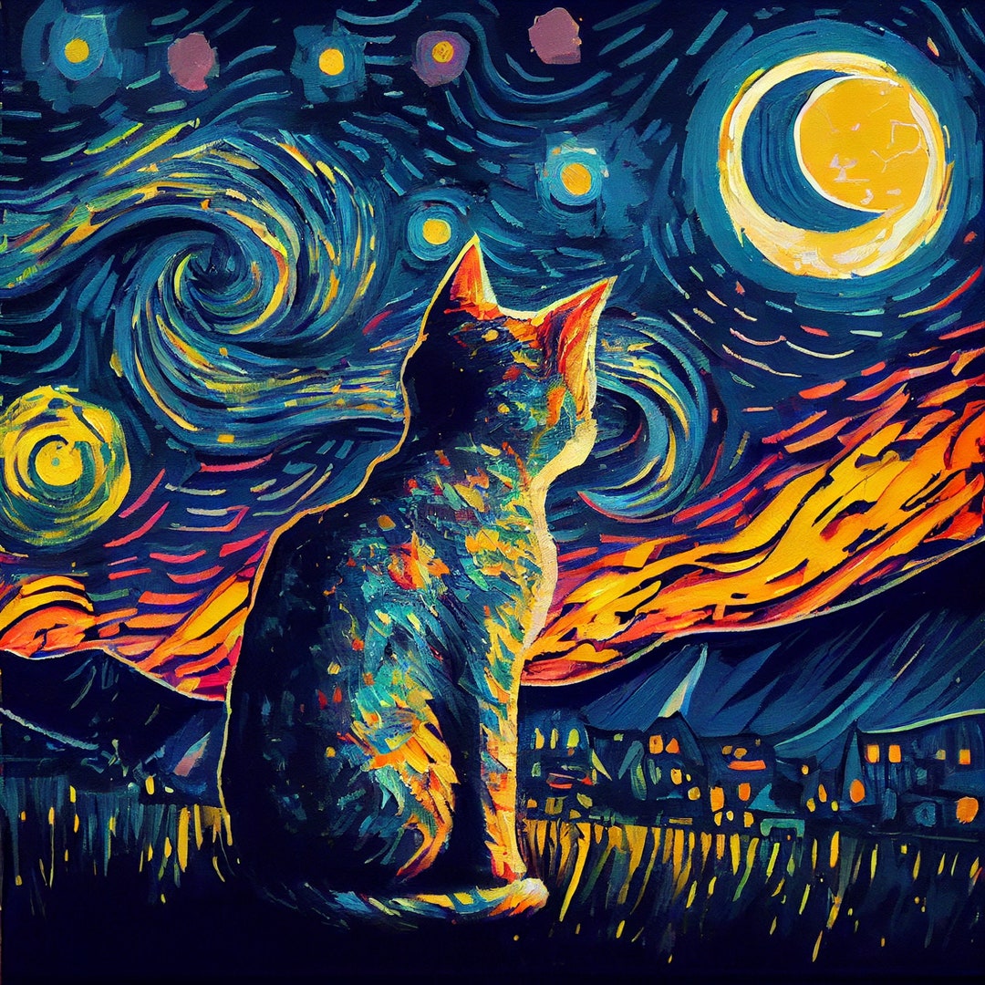 Van Gogh Style Cat Print | Tabby Cat Poster | Celestial Cat Print | Van ...