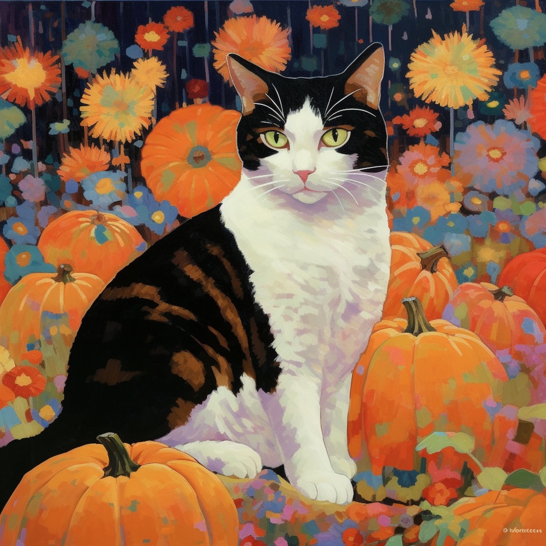Black White Cat Pumpkin Patch Art, Autumn Cat Lover Print, Fall Home ...