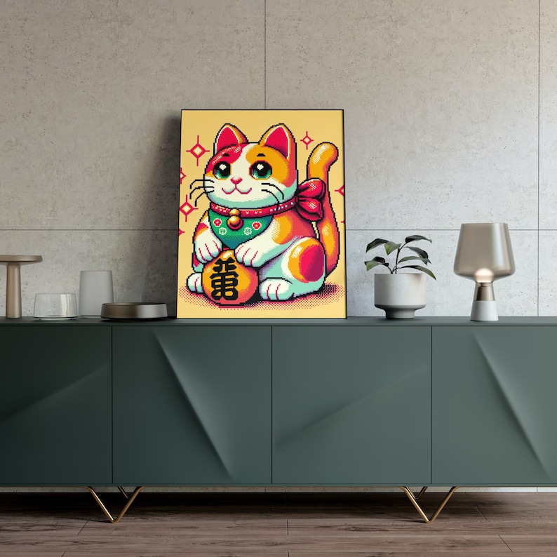 Maneki Neko Cat - 8-bit Style - Funny Cat Art - Good Luck Cat ...