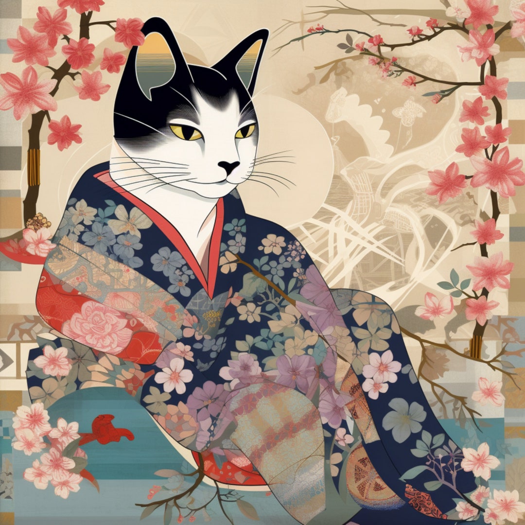 Cat Geisha Elegance: Enchanting Illustration, Traditional Silk Kimono ...