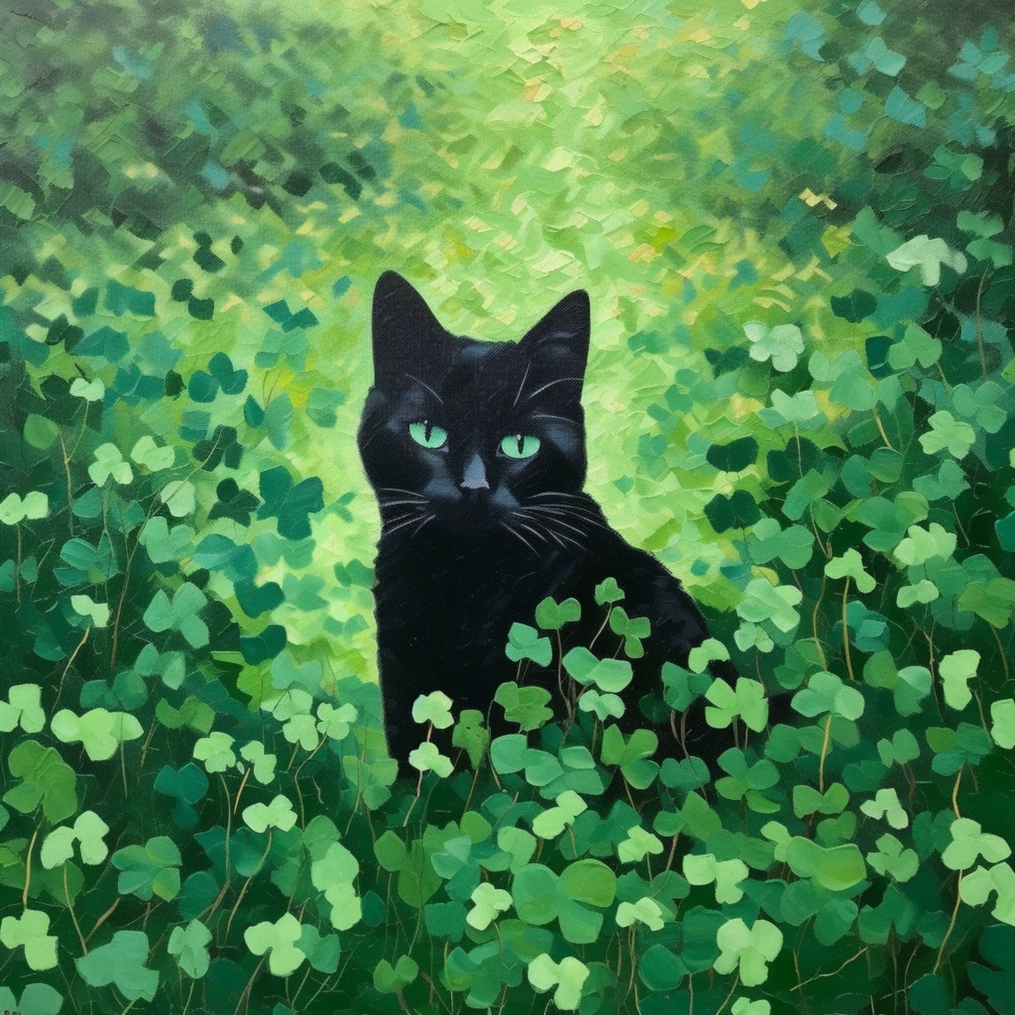Four-leaf Clover Field Black Cat: Unique Art Print Perfect - Etsy