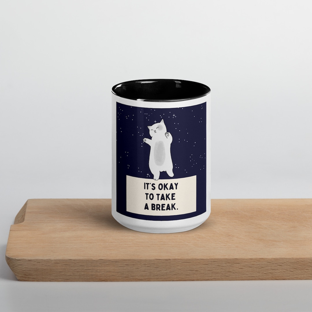 It's OK to Take a Break, Mug - Dancing Cat Illustration - Blue & White ...