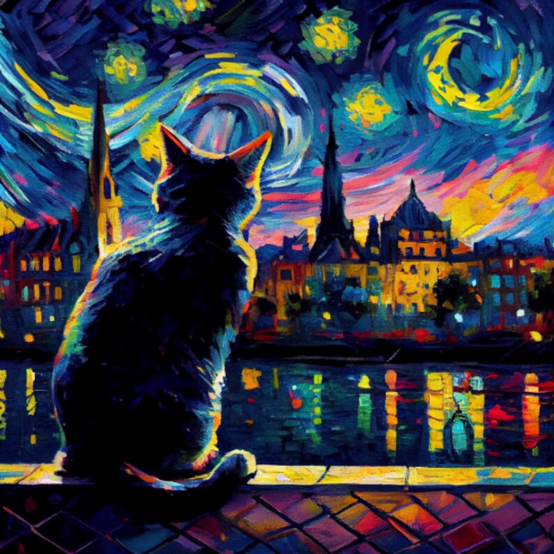 Starry Night Cat Art Print – Van Gogh Style, Unique Wall Decor - Etsy