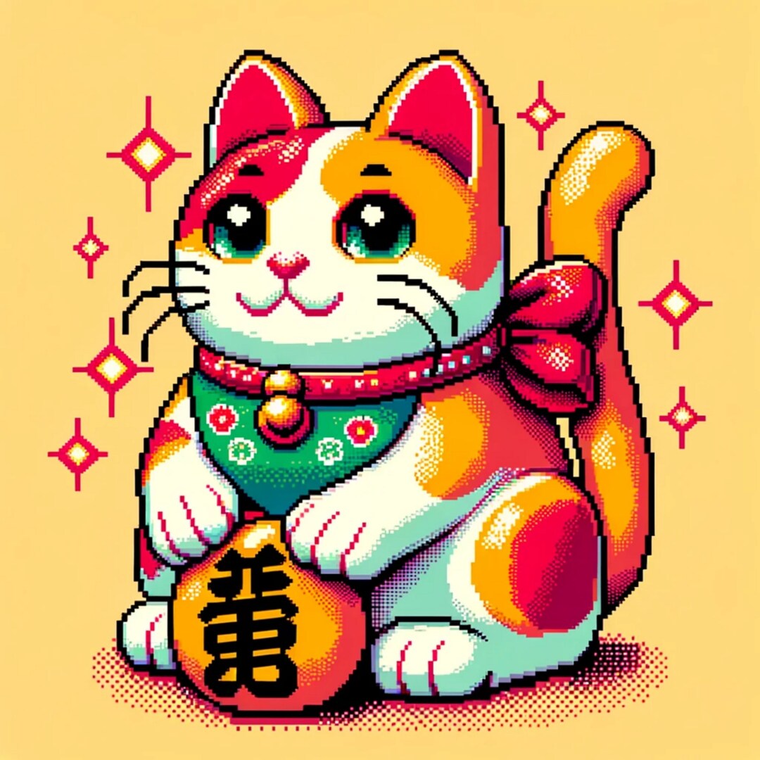 Maneki Neko Cat - 8-bit Style - Funny Cat Art - Good Luck Cat ...