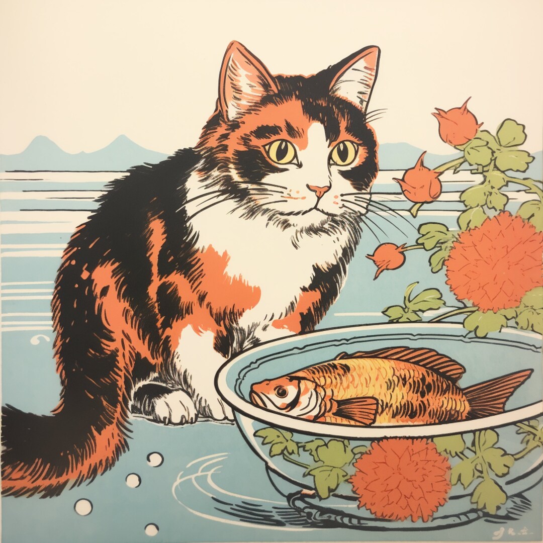 Japanese Ukiyo-e Woodblock Print of Playful Calico Cat and Goldfish - Etsy