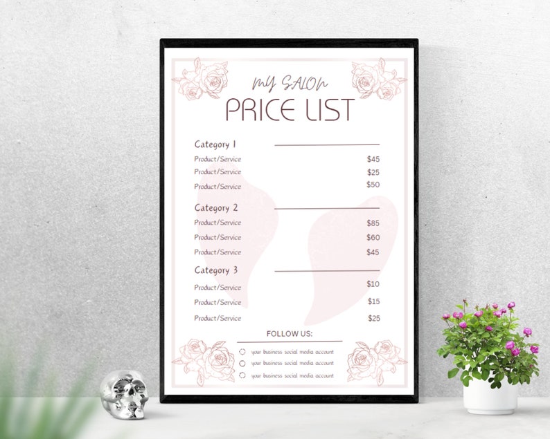 Printable Price List Template,salon Price List,small Business Price ...
