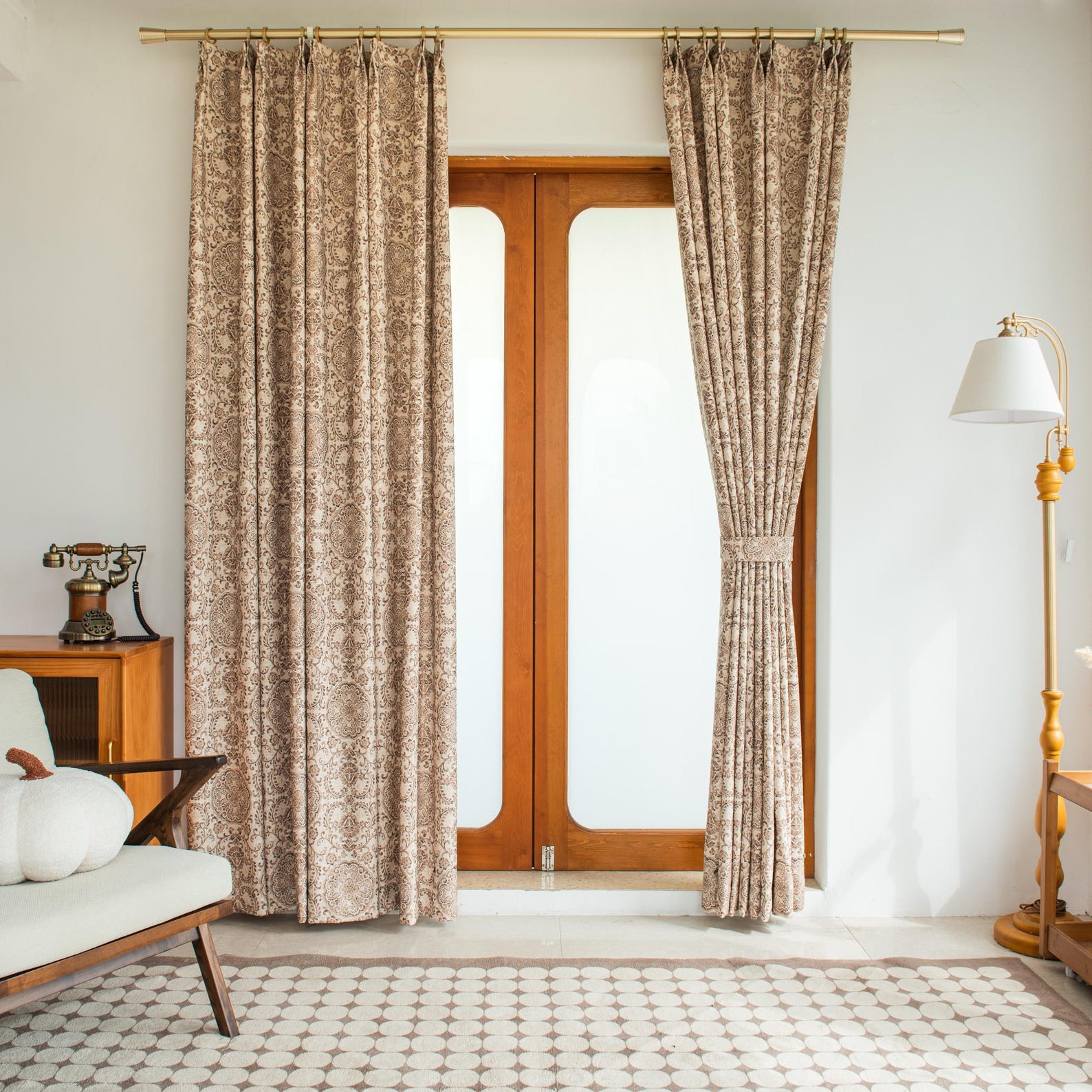 Custom Linen Drapery Curtains: French Baroque Damask, Free Tieback, 1 ...