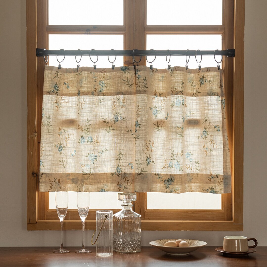 Custom Size Blue Rose Rod Pocket Cafe Curtain, Free Rings and Clips 2 ...