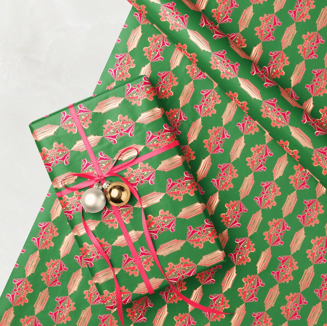 Metallic Gold Christmas Wrapping Paper Roll ~ Charlie, Green Pink Gift ...