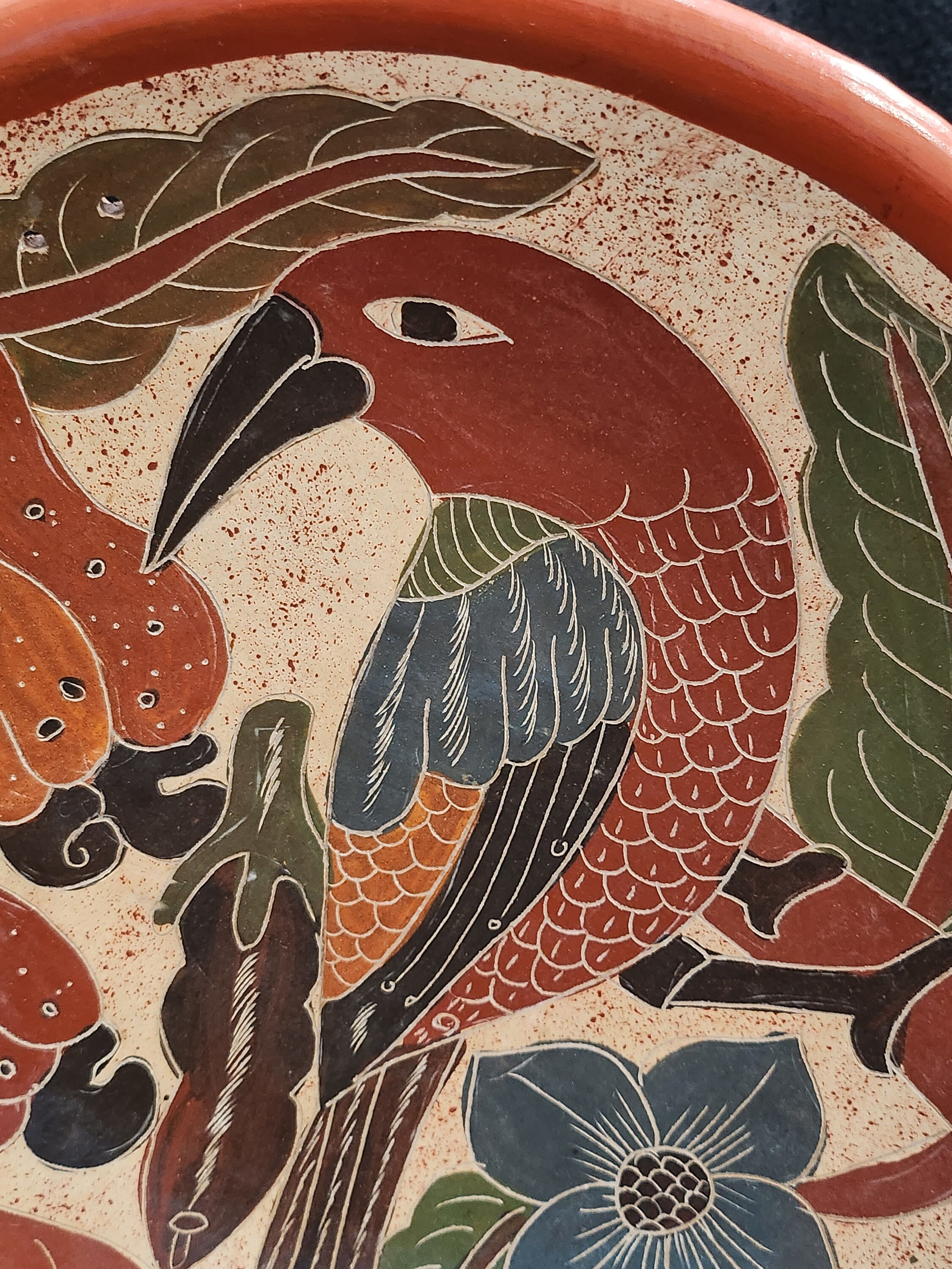 Vintage Mayan Pottery Plate, Hand Painted Bird, Flowers, Fruit ...