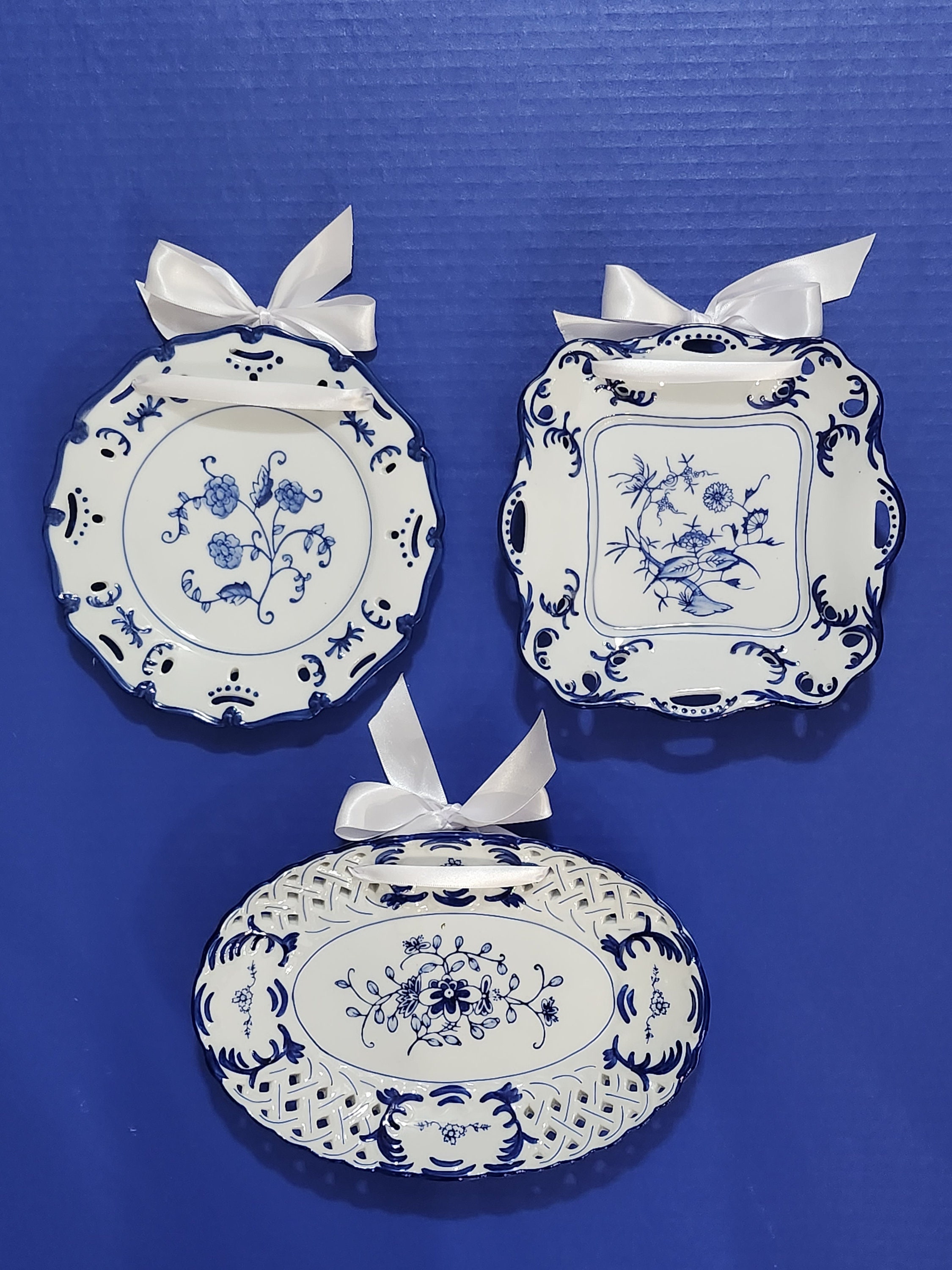 Set of 3 Vintage Lillian Vernon Blue White Porcelain Floral Reticulated ...