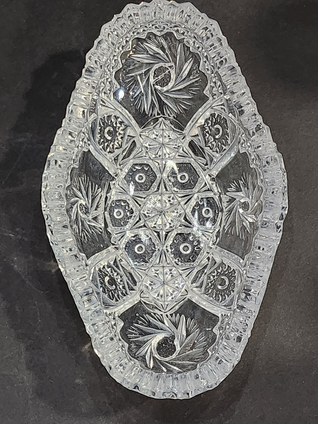 EAPG Oval Glass Bowl With Sawtooth Edge Intricate Cuts and Designs 7.5 ...