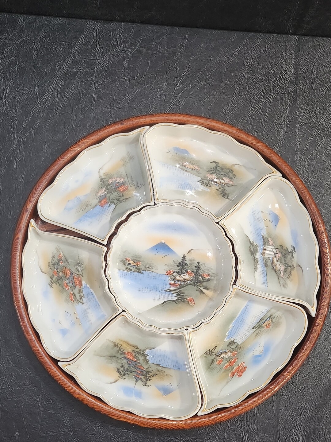 Vintage Oriental Hand Painted Sweet Meat Tray in Wood Holder - Etsy