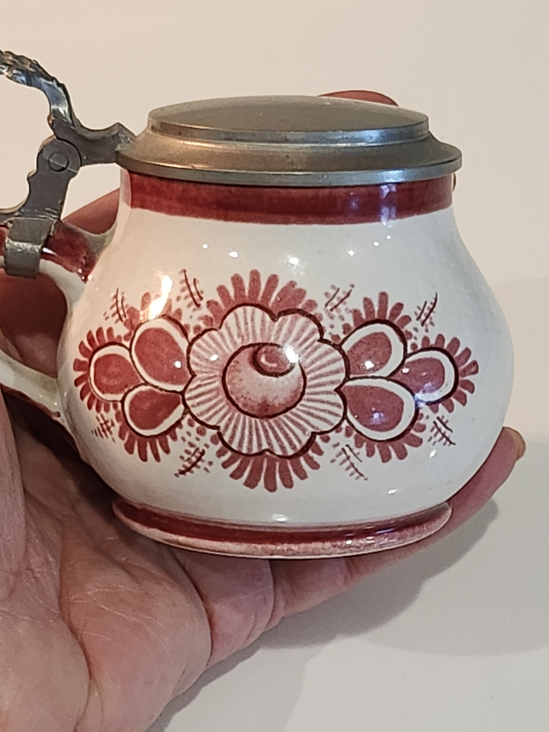 West Germany Ceramic Pink Floral Hand Painted Zinn Lid 3" Mini Beer ...