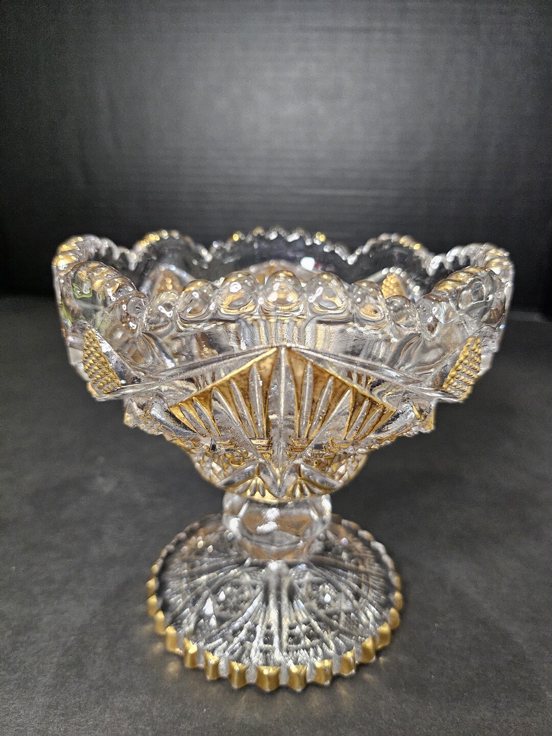Imperial Glass Compote: Nu-cut Hopstar and Fan Pattern With Gold Trim ...
