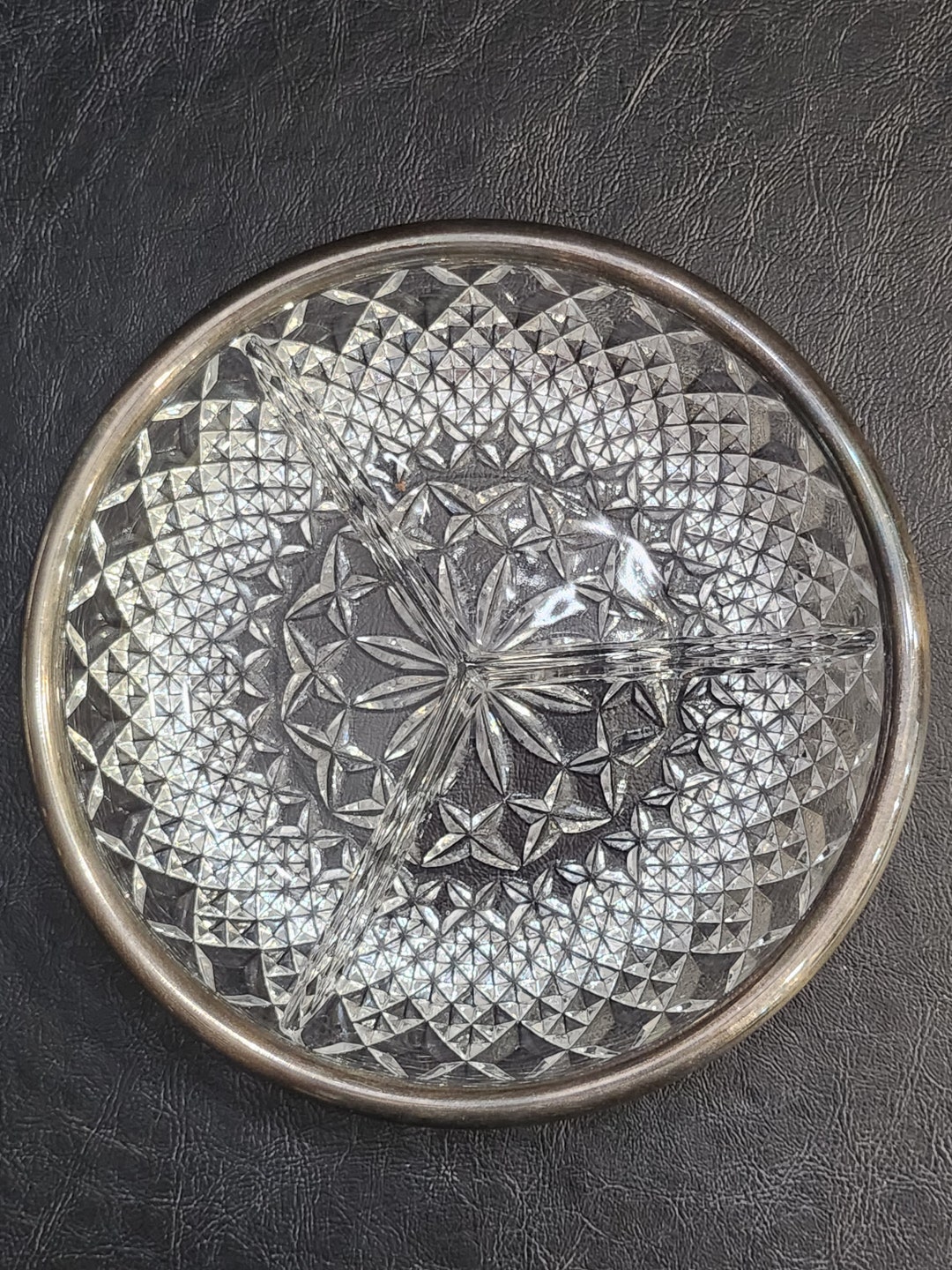 Vintage Indiana Glass Diamond Point Silver Rimmed 3 Divided Serving ...