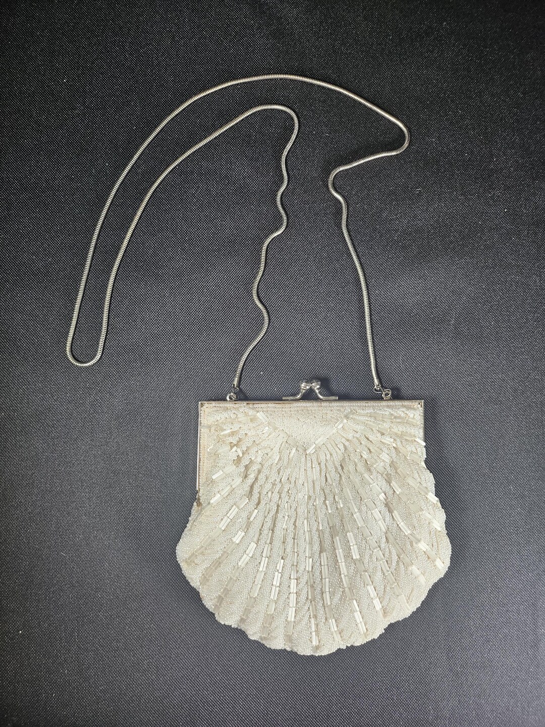 Ivory Beaded Clam Shell Shaped Evening Bag With Silver Metal Trim ...