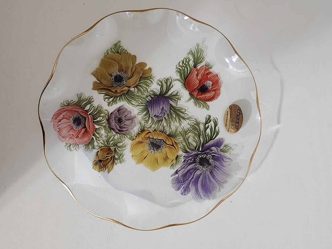 Rare Find Vintage Chance Glass Colorful Anemone Floral Plate With Gold ...