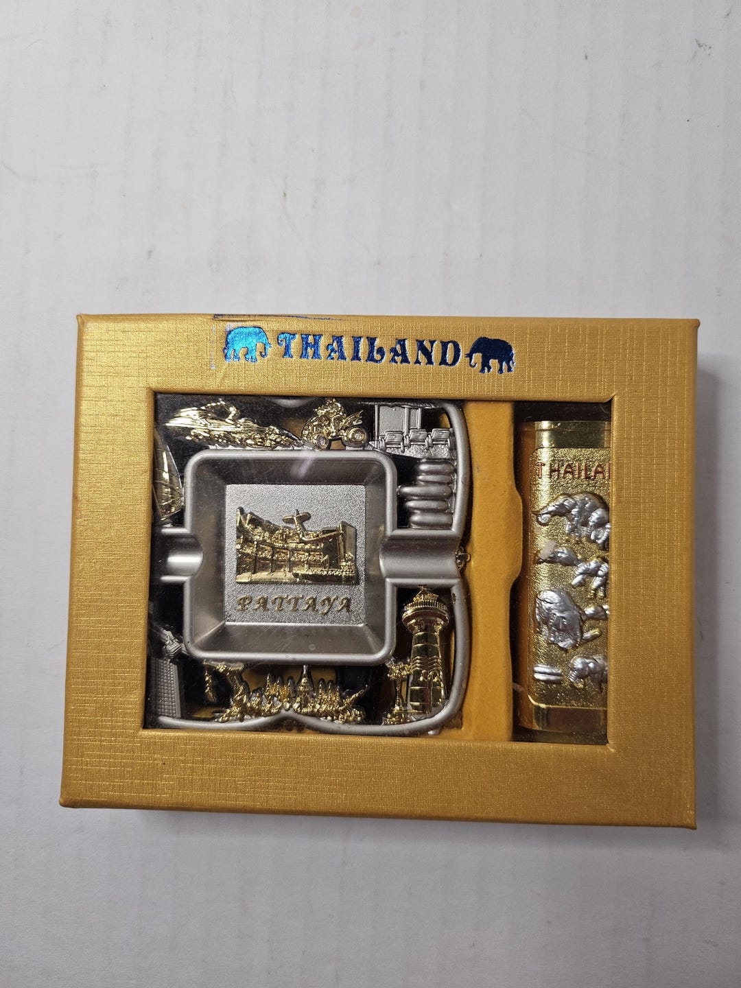 Vintage Thailand Boxed Gift Set Metal Ashtray With Stand and Lighter ...