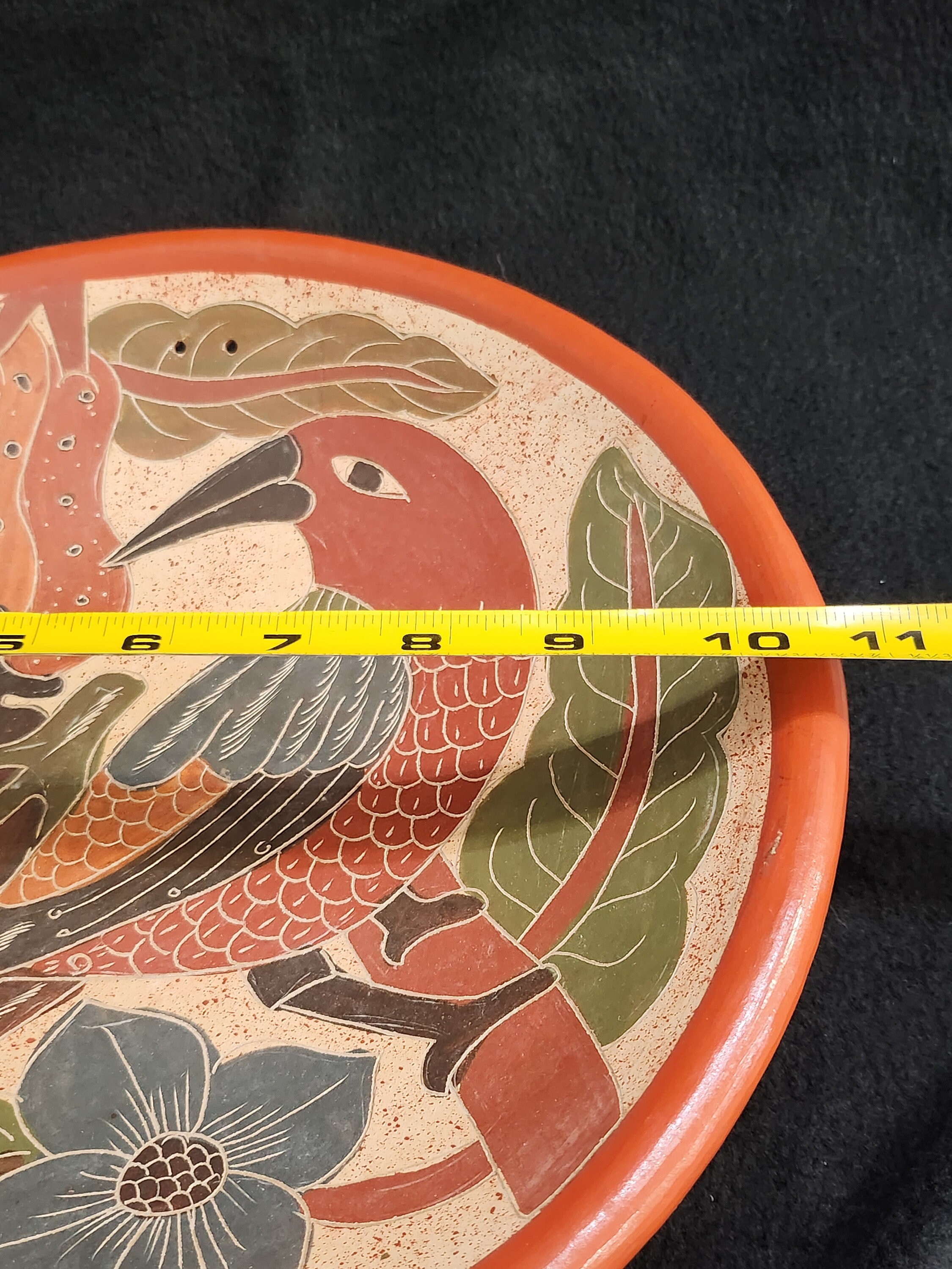 Vintage Mayan Pottery Plate, Hand Painted Bird, Flowers, Fruit ...