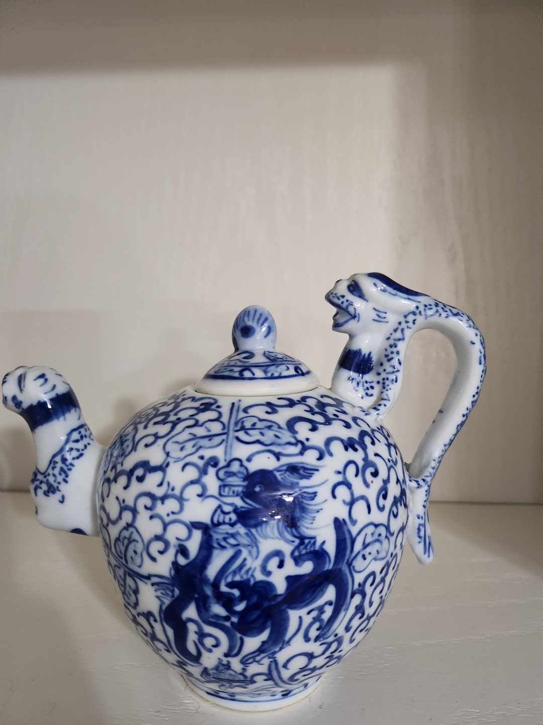 Vintage Chinese Blue And White Porcelain Dragon Teapot Marked Etsy