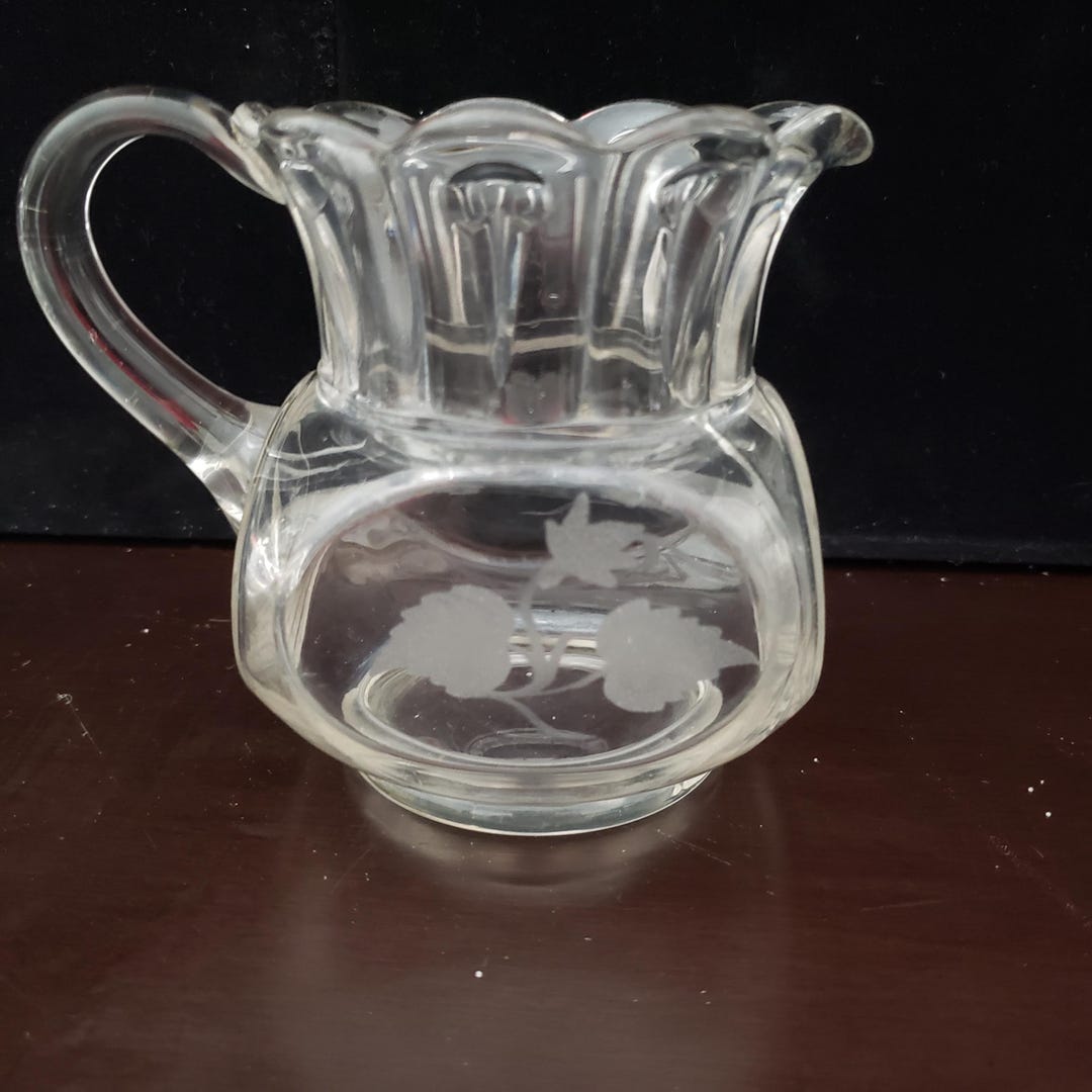 EAPG Square Bottom Small Glass Pitcher With Leaf Etch and Nail Design ...