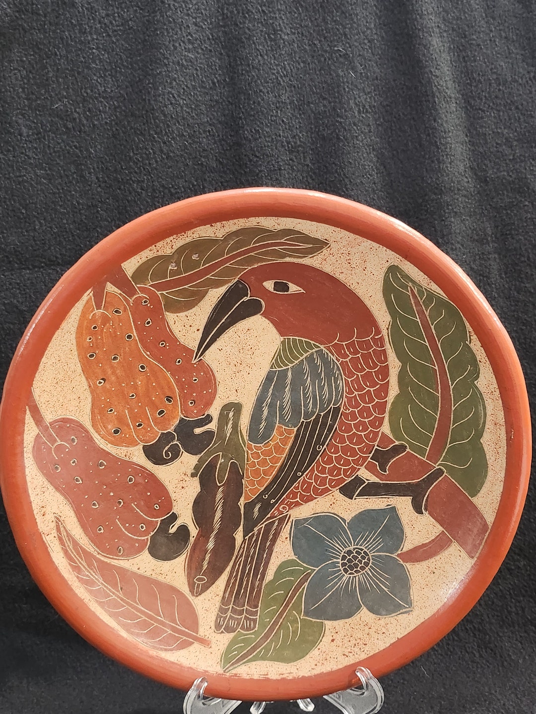 Vintage Mayan Pottery Plate, Hand Painted Bird, Flowers, Fruit ...