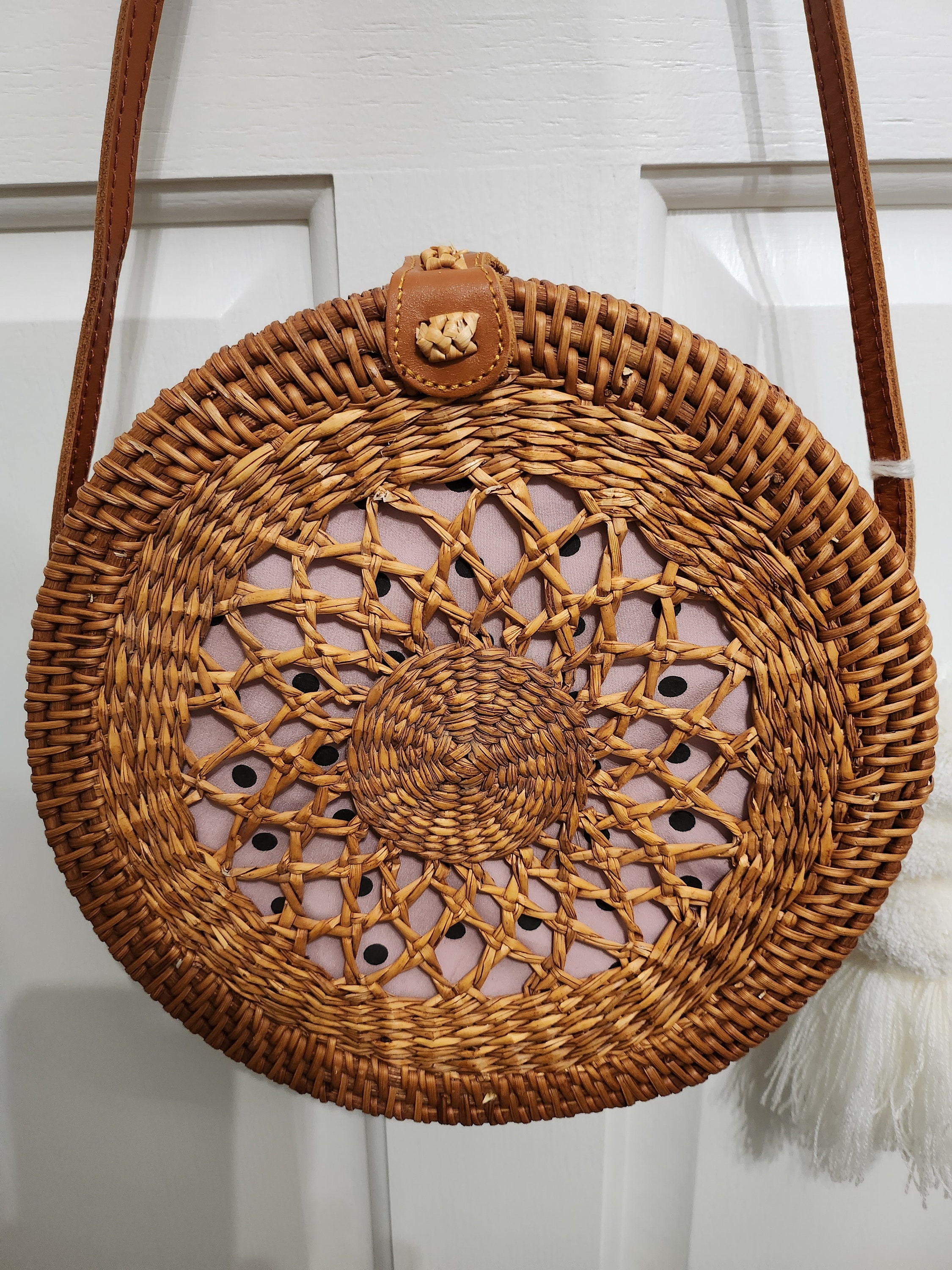 Round Rattan Bag With Lilac Background and White Tassel/cross Body Bag ...