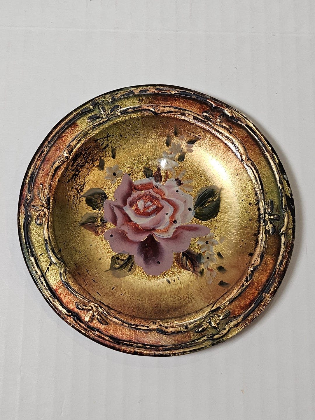 Antique Goofus Glass Dish With Rose Hand Painted Motif Reverse Painted ...