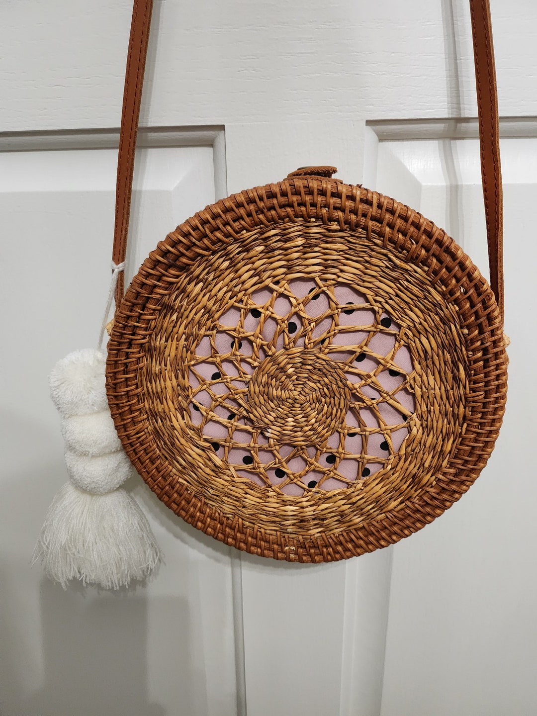 Round Rattan Bag With Lilac Background and White Tassel/cross Body Bag ...