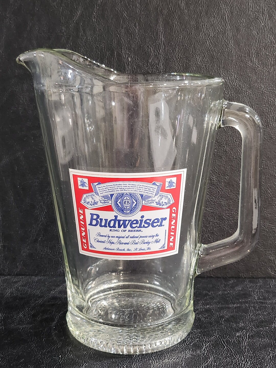 Vintage Heavy Glass Budweiser Beer Pitcher Red White Blue Bud Label ...
